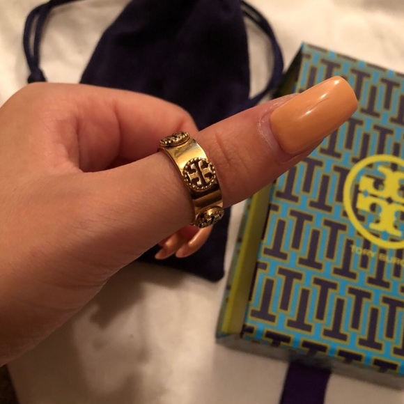 Tory Burch | Jewelry | Tory Burch Gold Milgrain Logo Ring | Poshmark